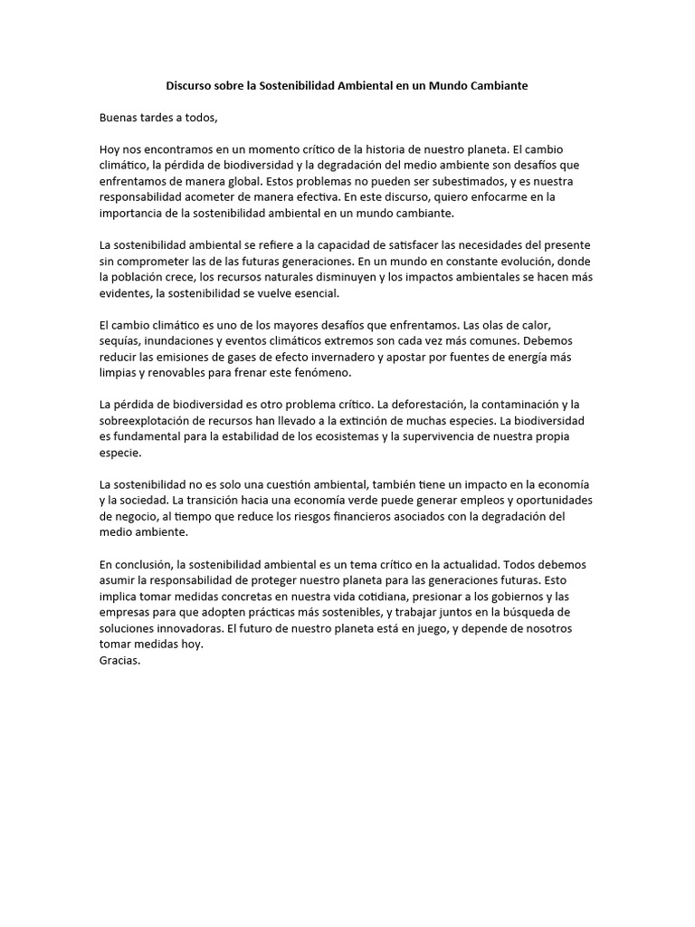 Discurso Sobre La Sostenibilidad Ambiental en Un Mundo Cambiante | PDF