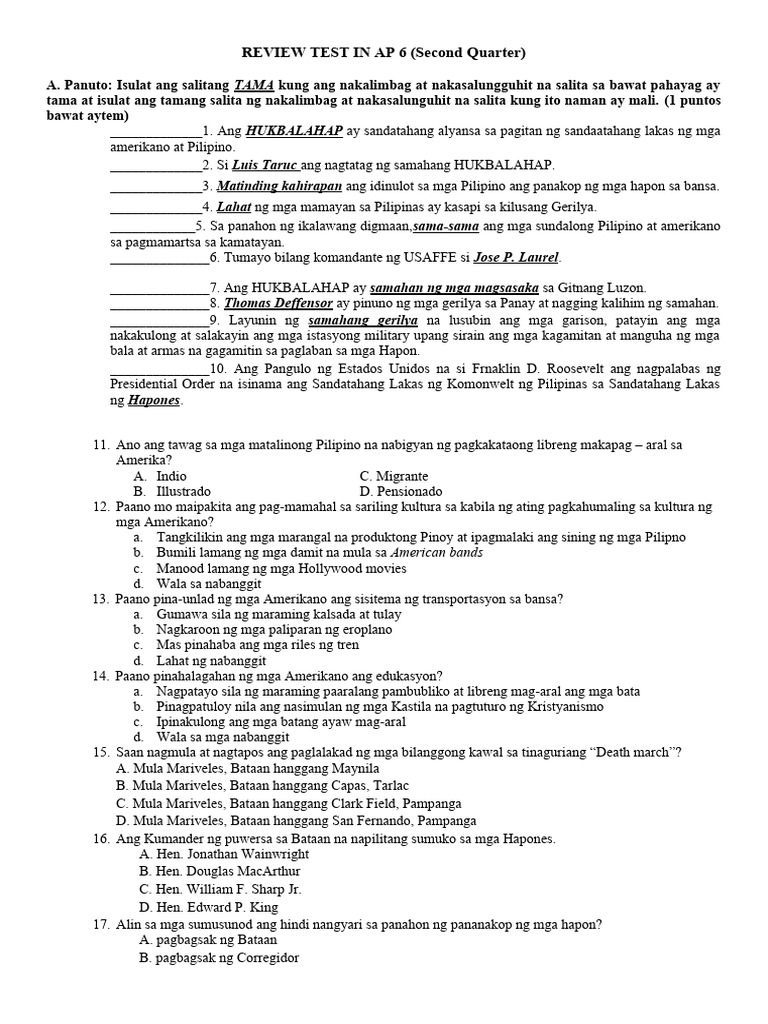 Review Test in AP 2nd | PDF