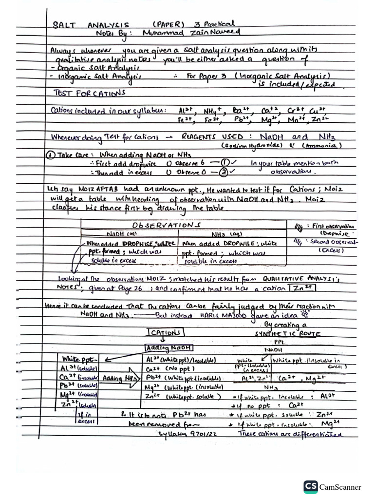 Chemistry Practical P3 Notes by Muhammad Zain Naveed (Salt Analysis) | PDF