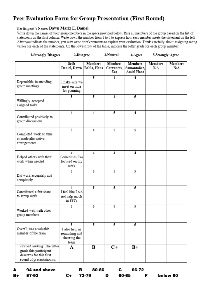 Peer Evaluation Form First Round | PDF | Psychology