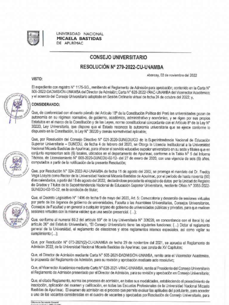 Resolución N 279-2022-Cu-Unamba Compressed | PDF