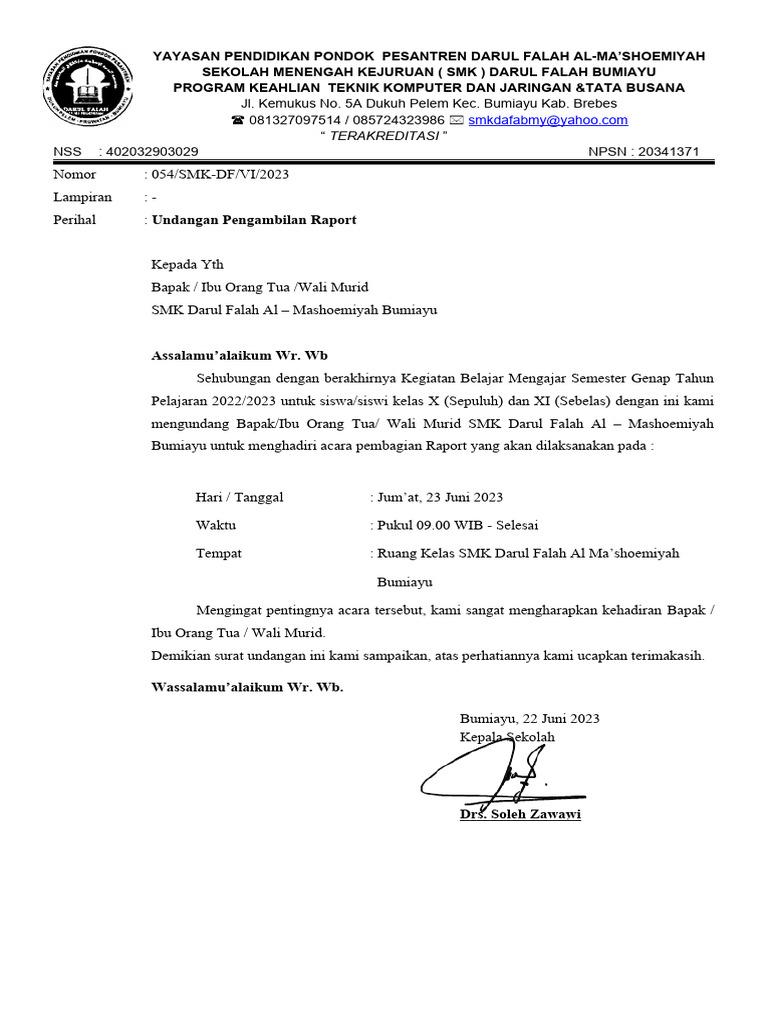 Undangan Pengambilan Raport SMK Darul Falah | PDF