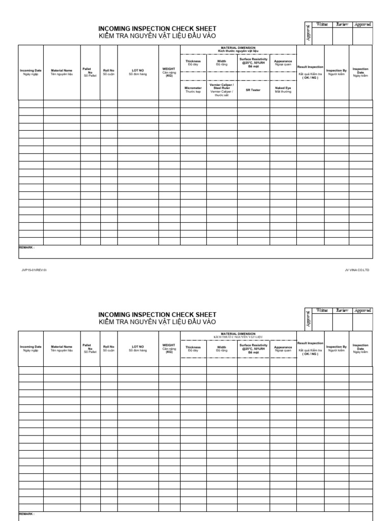 JVP15-01 Incoming Inspection Check Sheet | PDF