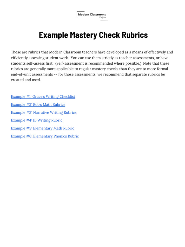 Example Mastery Rubrics | PDF | Rubric (Academic) | Teachers