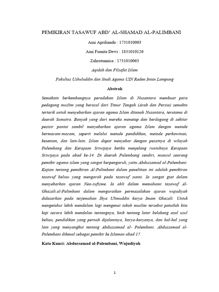 Kelompok 5 Pemikiran Tasawuf Abdu Shomad Al-Palimbani | PDF