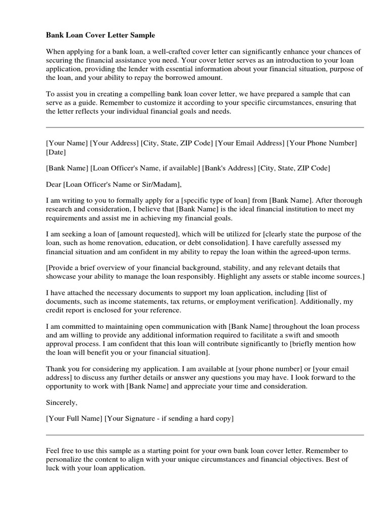 Bank Loan Cover Letter Sample | PDF | Loans | Loan Officer
