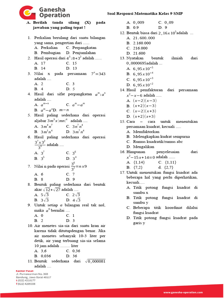 Soal Responsi Matematika Kelas 9 | PDF