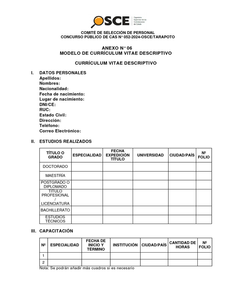 Anexo N 06 Modelo de Curriculum Vitae Descriptivo Del Concurso de Cas N ...