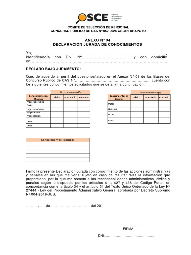 Anexo N 04 Declaracion Jurada de Conocimientos Del Concurso de Cas N 052 2024 Tarapoto | PDF