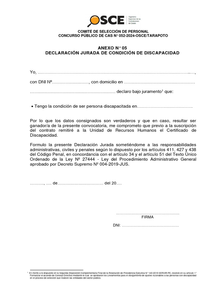 Anexo N 05 Declaracion Jurada de Condicion de Discapacidad Del Concurso de Cas N 052 2024 ...