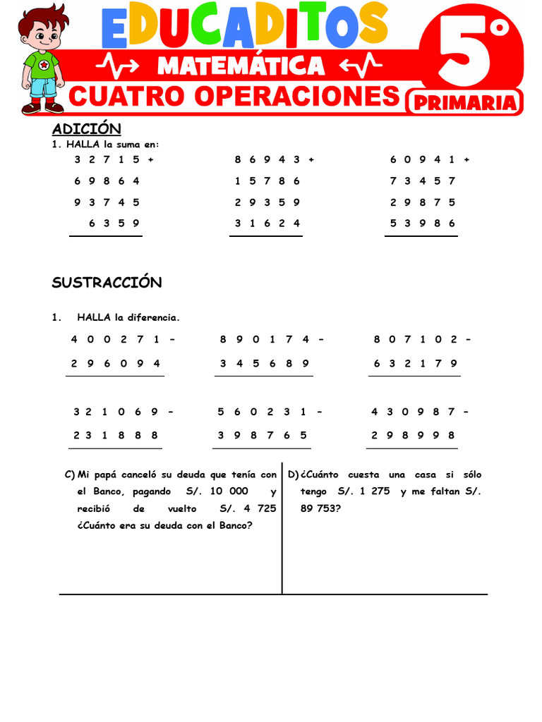 Cuatro Operaciones para Quinto Grado de Primaria | PDF