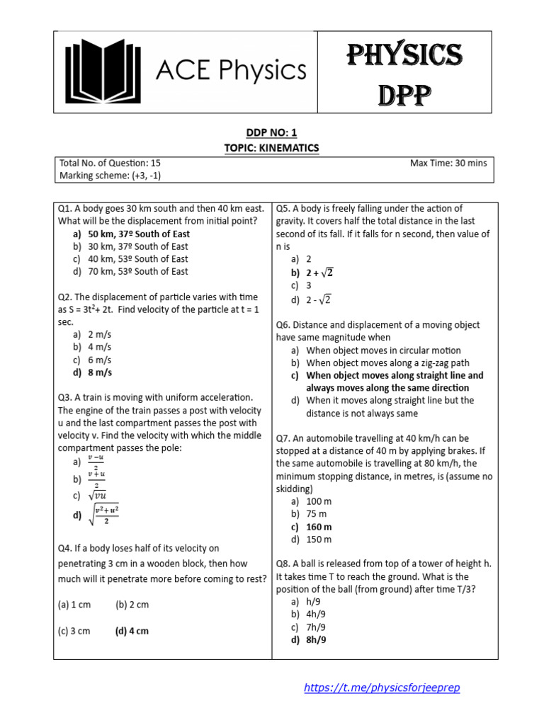 ACE Physics DPP 1 (Kinematics) Key | PDF | Velocity | Kinematics