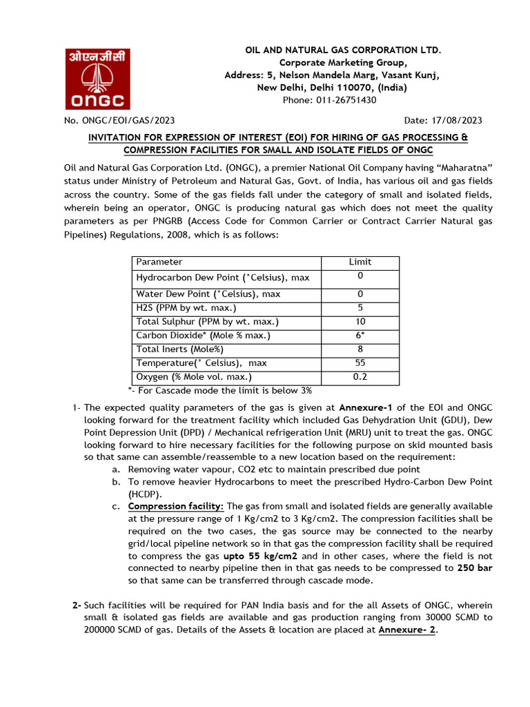EOI for Gas Processing Facilities by ONGC | PDF | Natural Gas | Petroleum