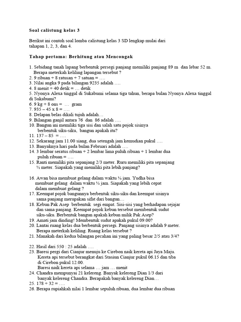 Contoh Soal Literasi-Calistung Kelas 3 | PDF | Griya & Taman