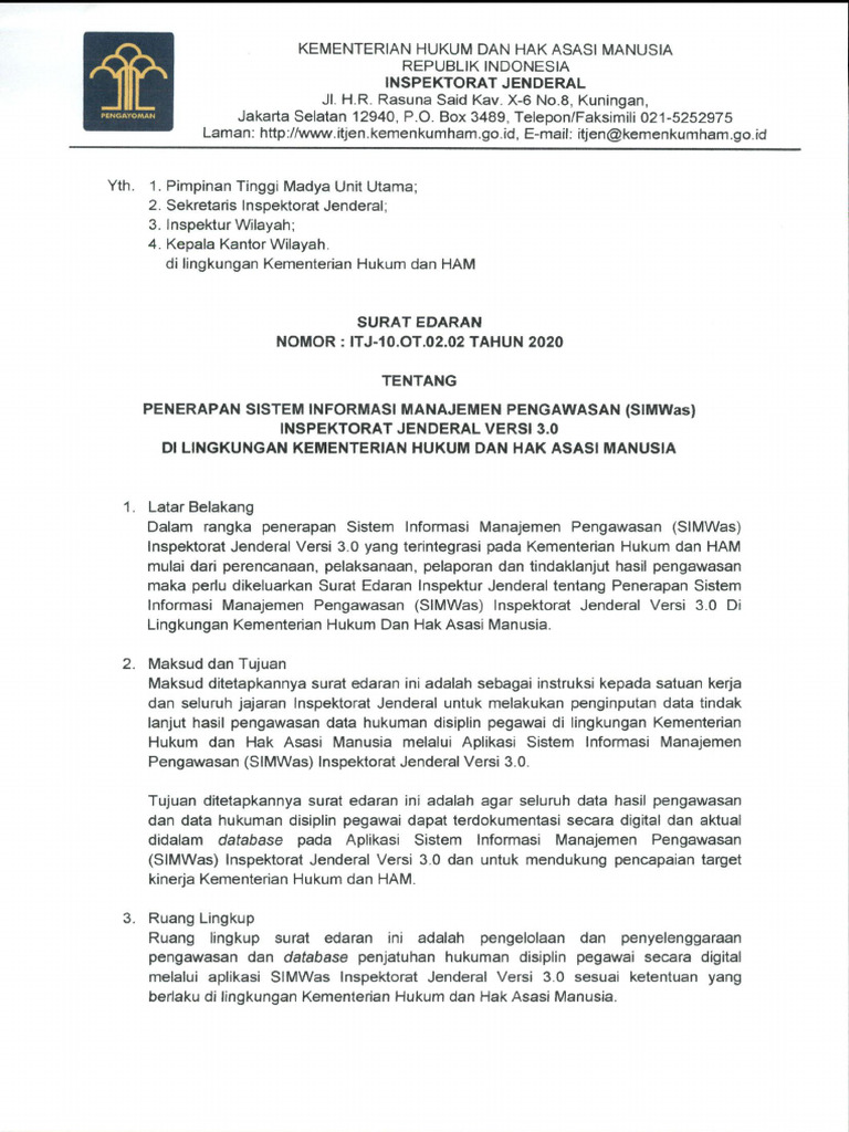 Surat Edaran ITJEN No ITJ-10.ot.02.02Tahun 2020 Tentang Penrapan SIMWAS | PDF