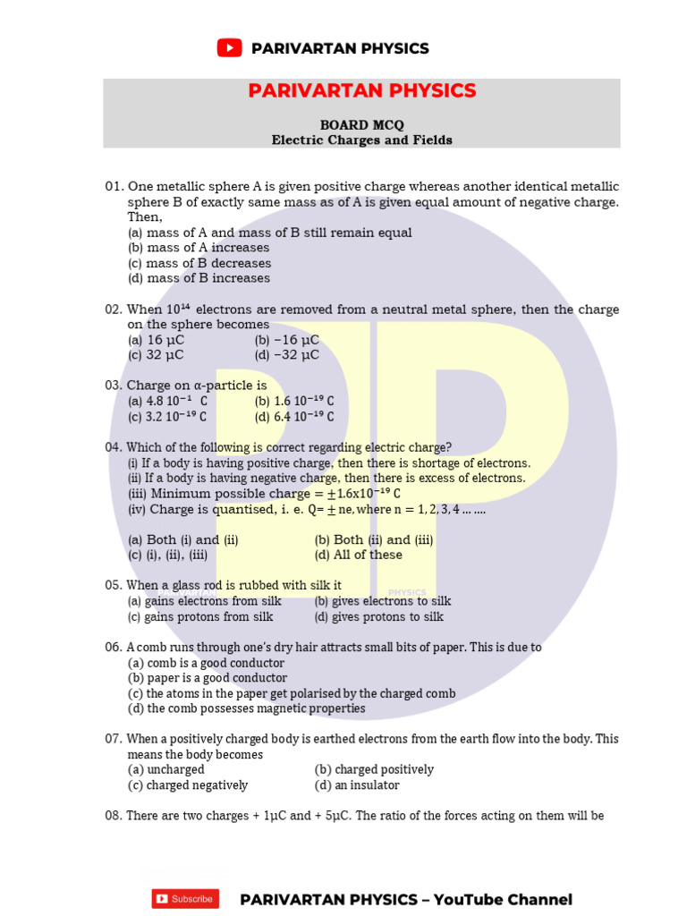2nd PUC Physics Important MCQs | PDF | Electric Charge | Electron