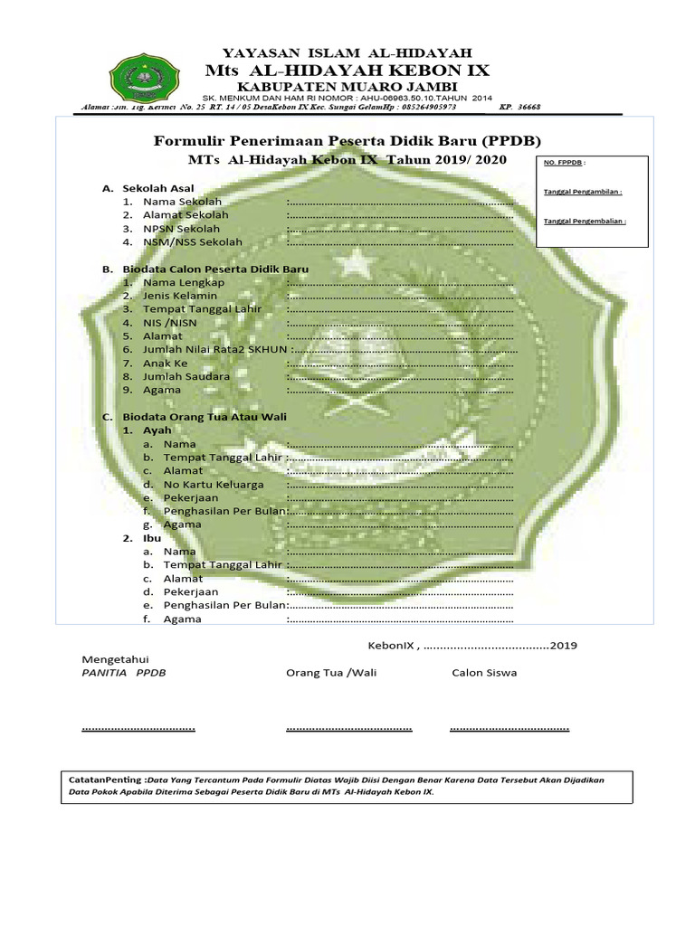 Formulir PPDB 2019-2020 | PDF