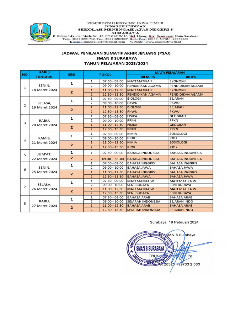 Jadwal Psaj 2023-2024 | PDF