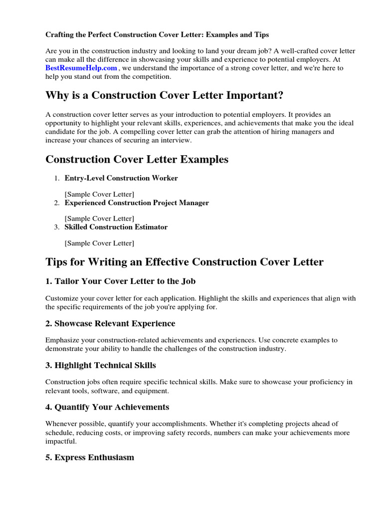 Construction Cover Letter Examples | PDF | Résumé | Employment