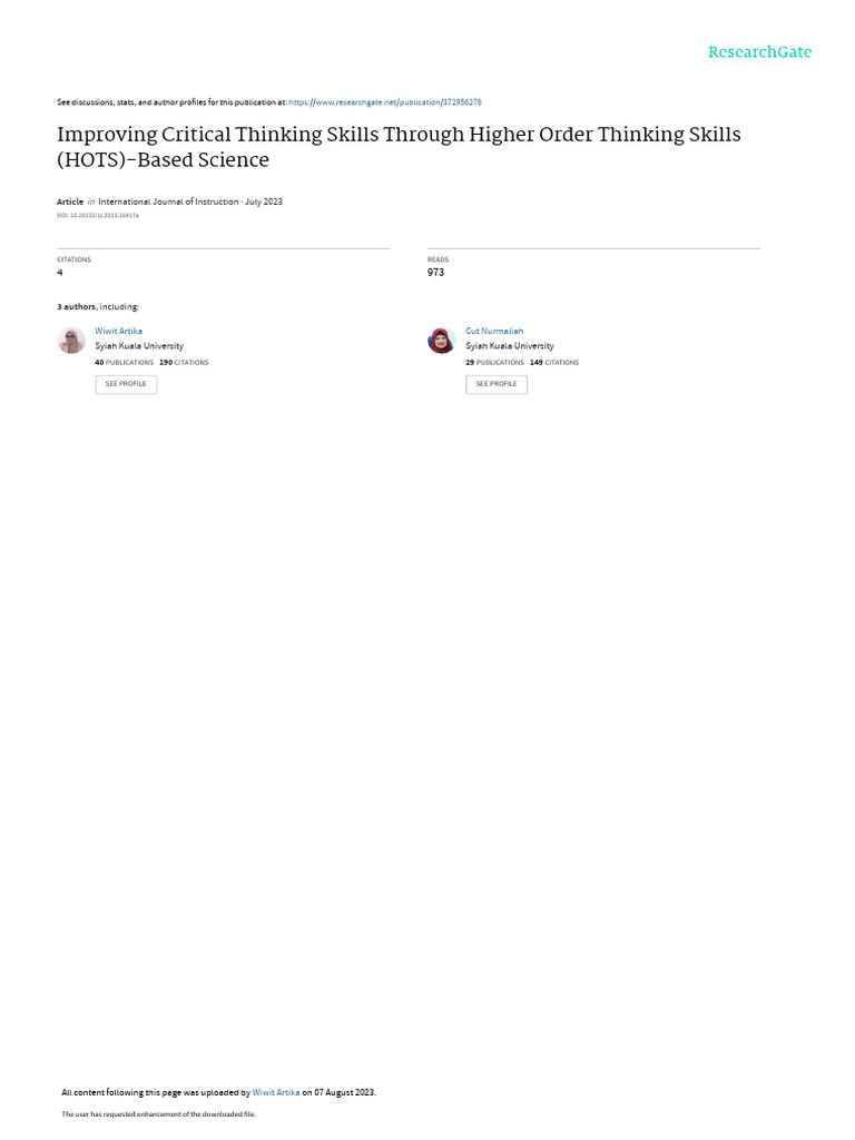 Improving HOTS-SCience Based | PDF | Critical Thinking | Thought