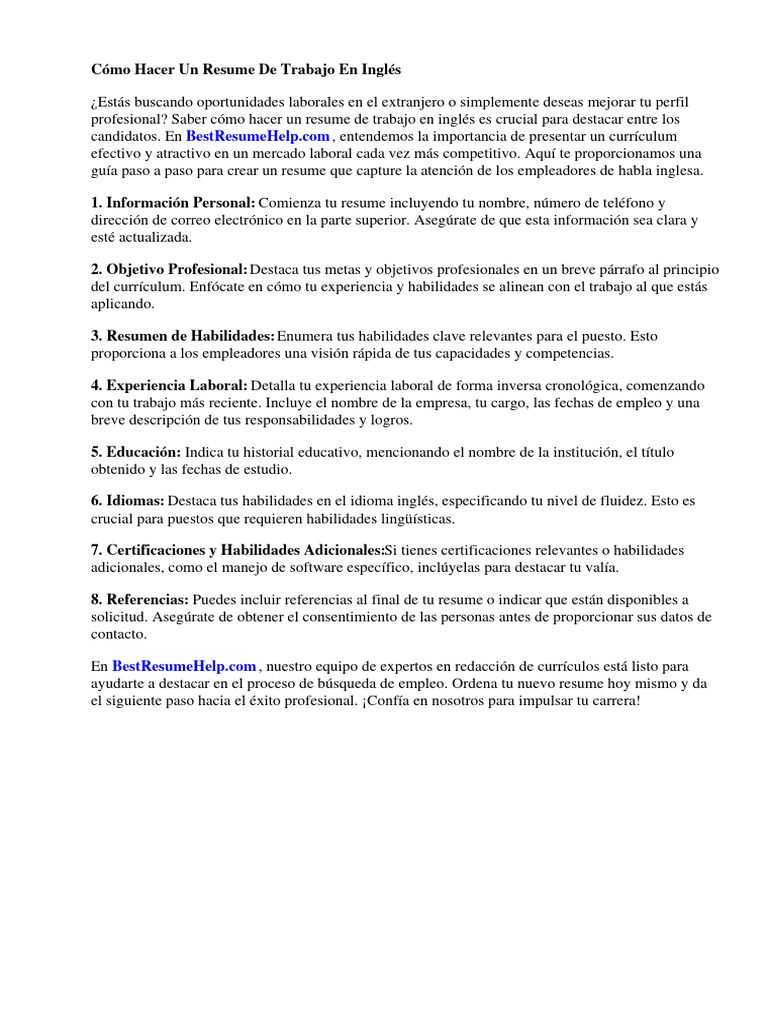 Como Hacer Un Resume de Trabajo en Ingles | PDF | Plan de estudios ...