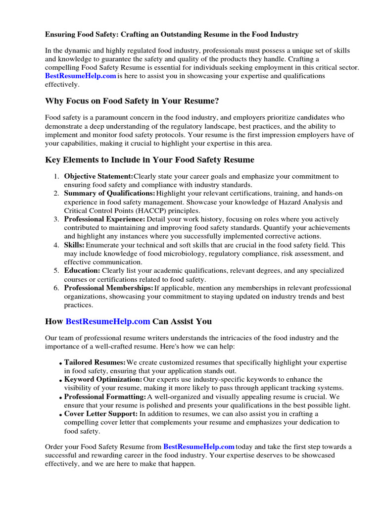 Food Safety Resume Objective | PDF | Food Safety | Safety