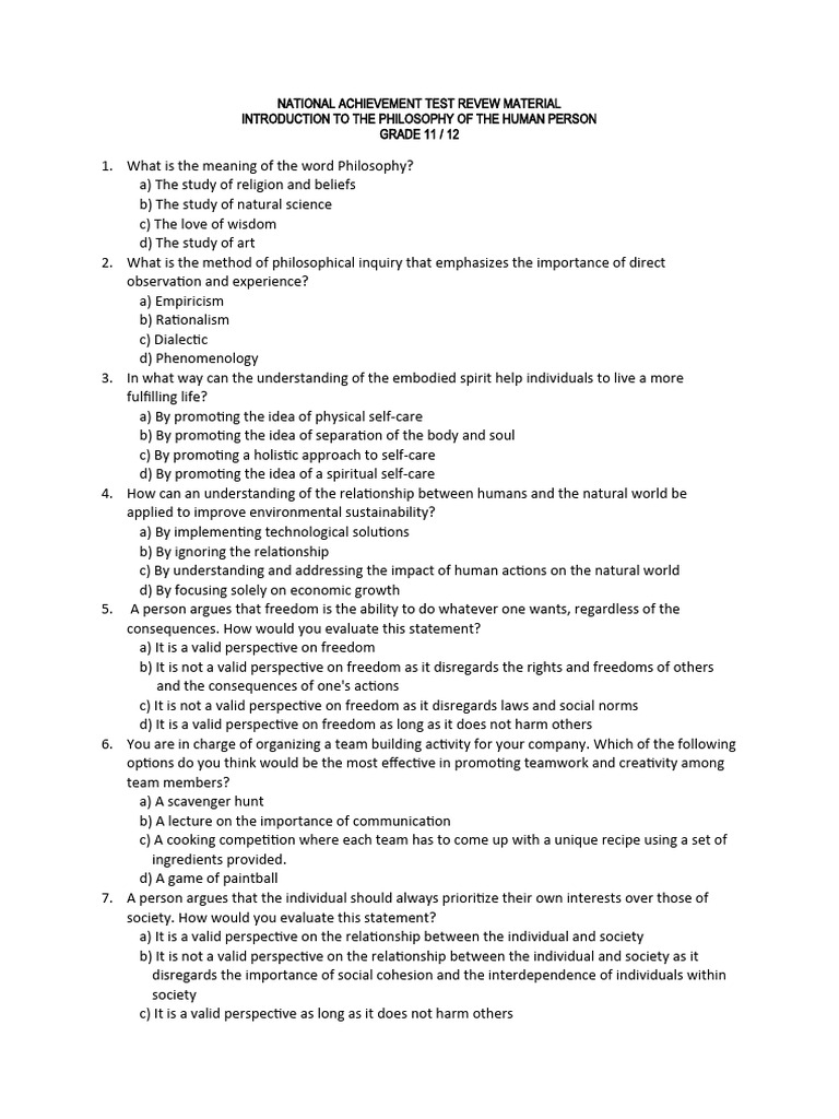 National Achievement Test Philosophy Review | PDF | Free Will | Rationalism
