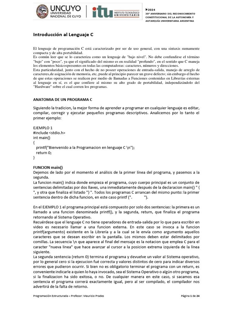 Introduccion Al Lenguaje C | PDF | Lenguaje de programación | Variable (informática)