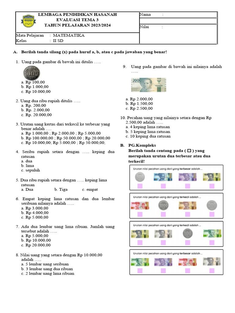 Evaluasi MTK Kelas 2 Tema 3 | PDF