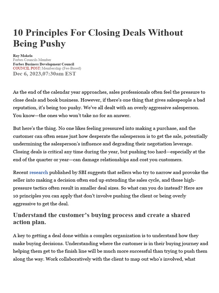10 Principles For Closing Deals Without Being Pushy (6.12.23) | PDF ...