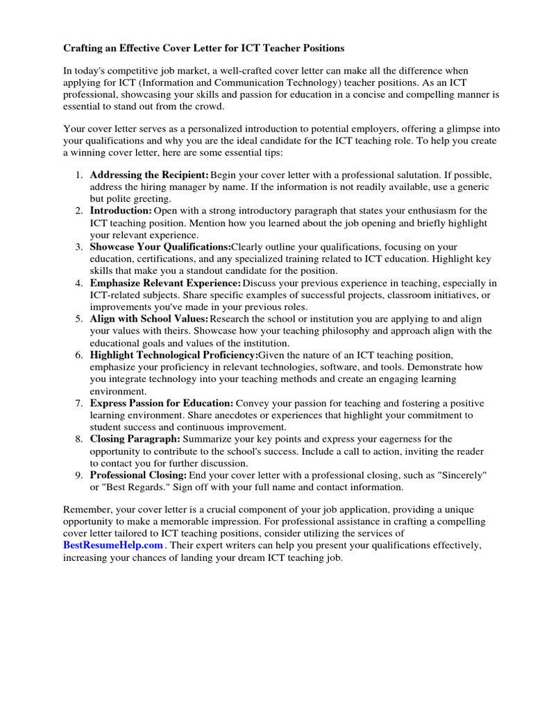 ICT Teacher Cover Letter Tips | PDF | Educational Technology | Teachers