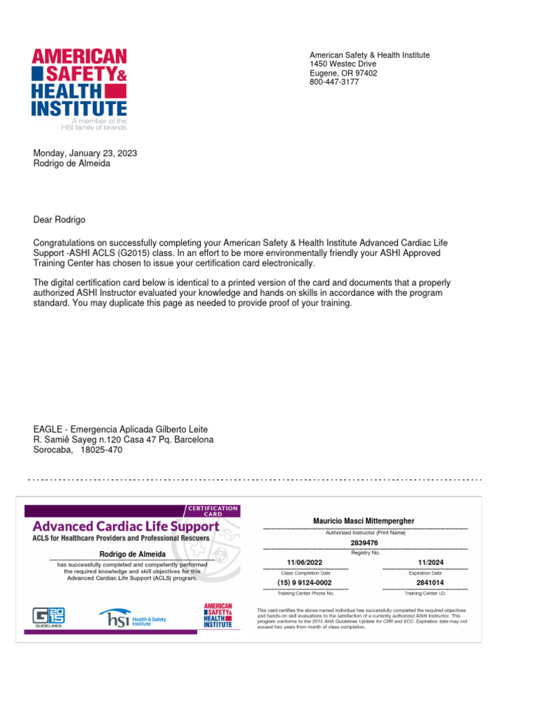 ASHI ACLS Certification Notice | PDF