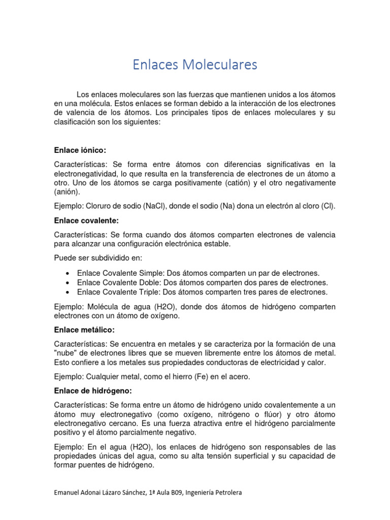 Tipos y características de enlaces moleculares | PDF | Enlace covalente ...
