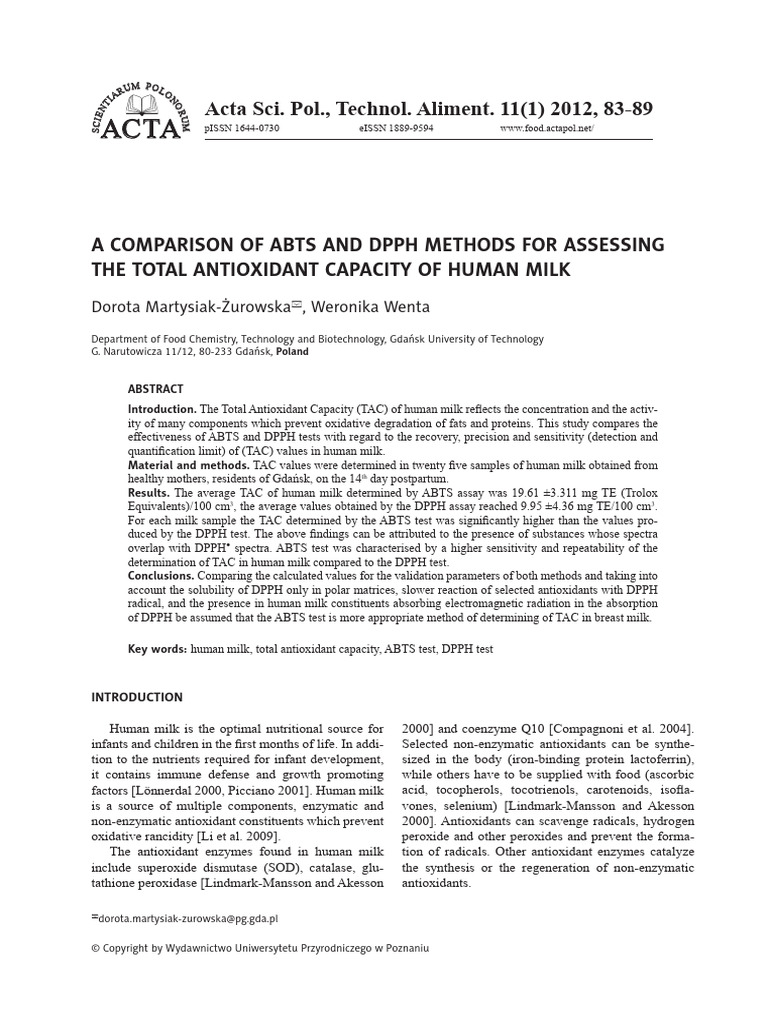 A Comparison of Abts and DPPH Methods For Assessing The Total ...