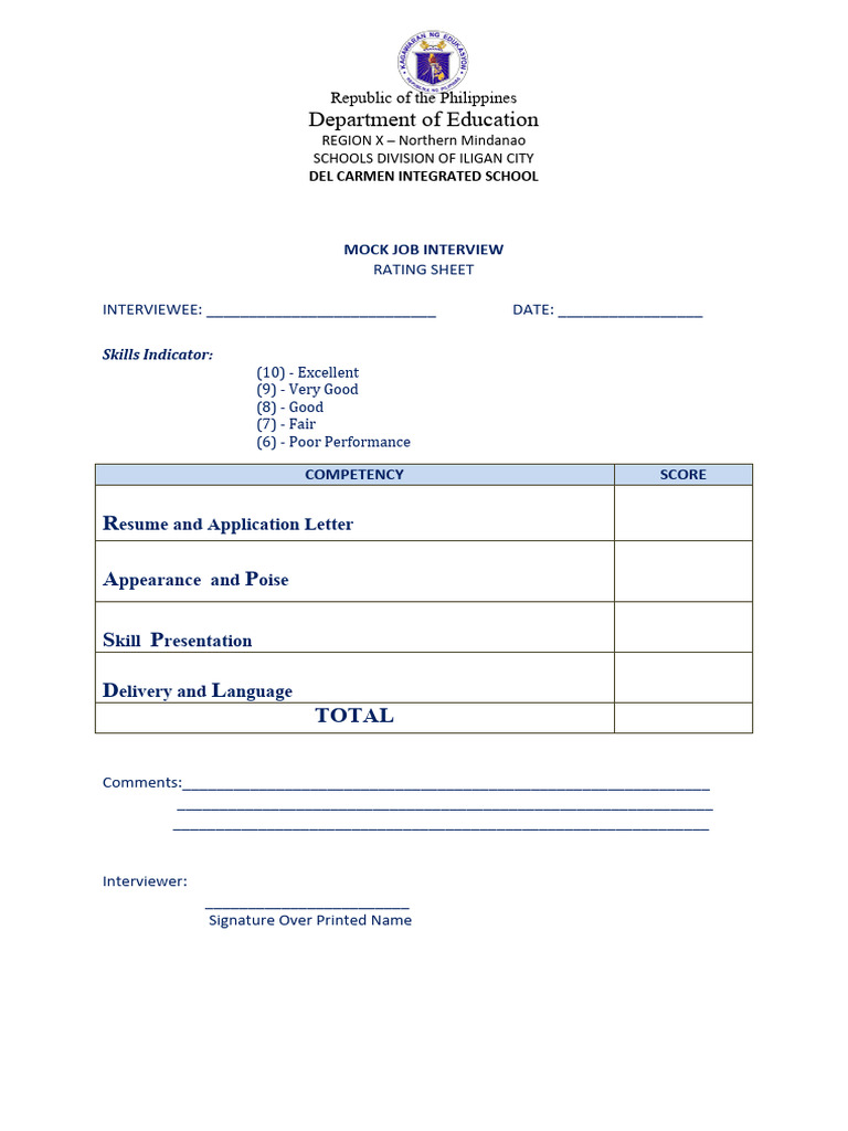 MOCK JOB INTERVIEW Rating Sheet Summary | PDF