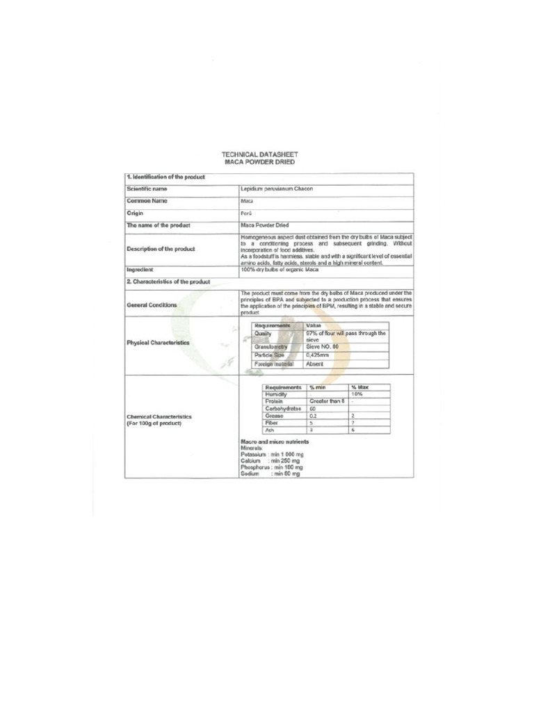 Maca Technical Sheet | PDF