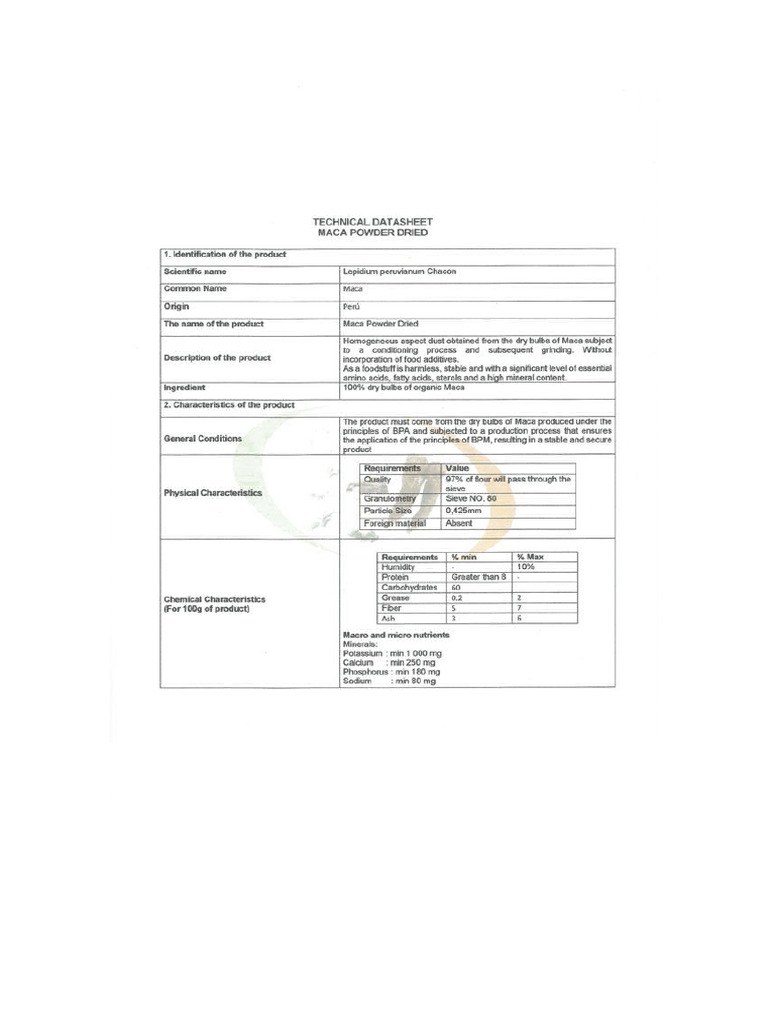 Maca Technical Sheet | PDF