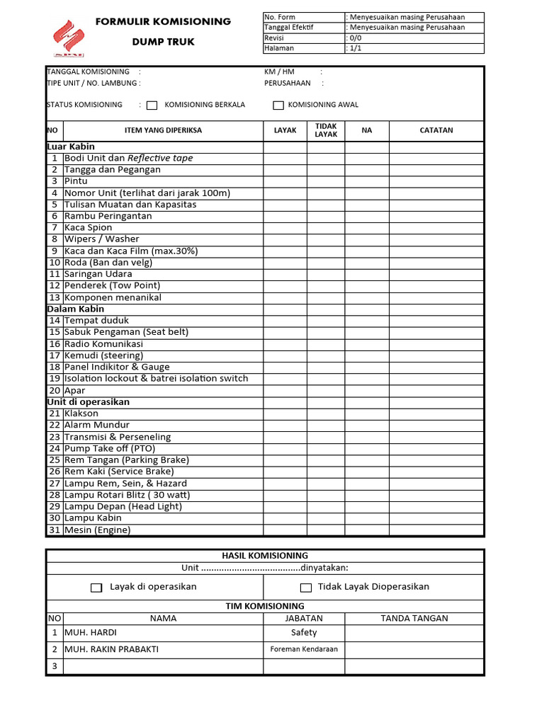 Form Komisioning Dump Truck | PDF | Teknologi & Rekayasa