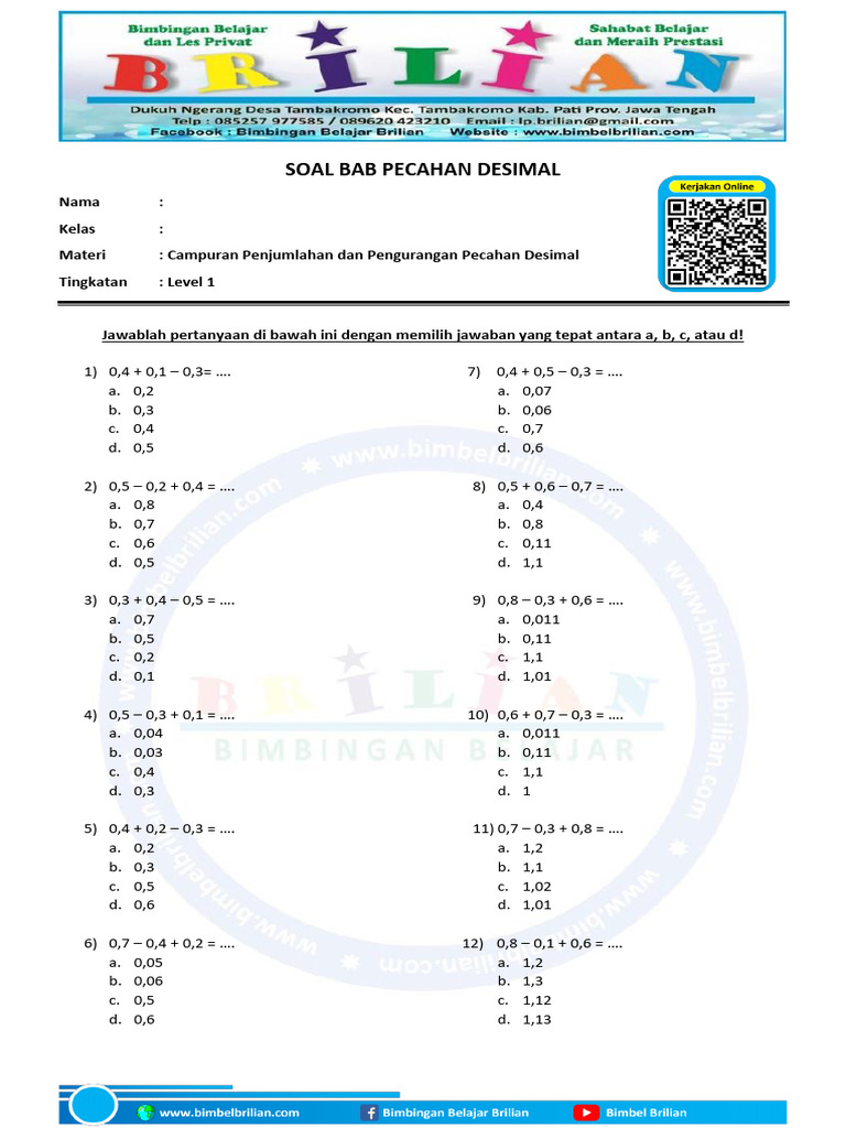 Soal Campuran Penjumlahan Pengurangan Pecahan Pesimal Level 1 | PDF Soal Campuran Penjumlahan Pengurangan Pecahan Pesimal Level 1 | PDF