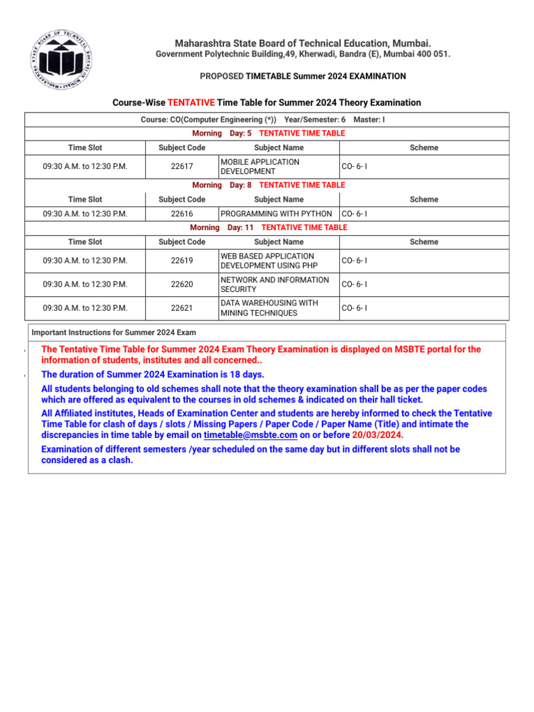 Time Table For Summer 2024 Theory Examination | PDF | Computer ...