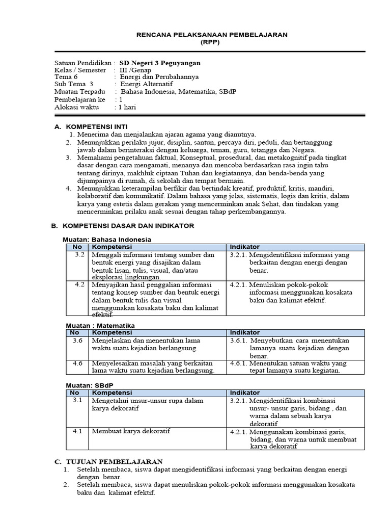 RPP Supervisi Tema 6 Kelas 3 | PDF