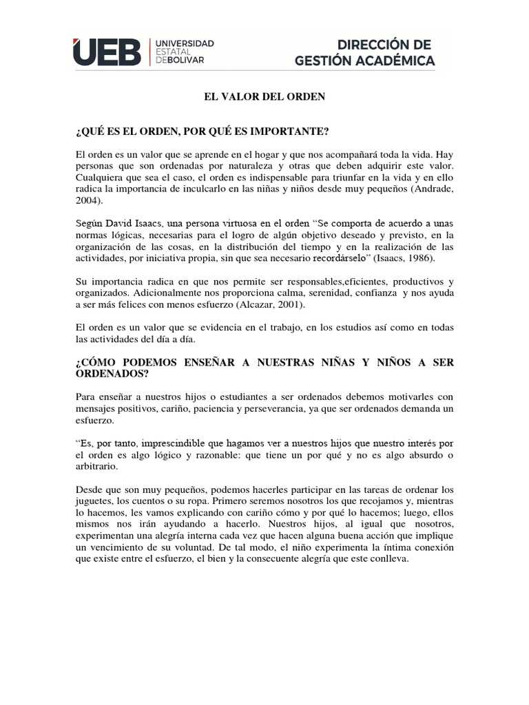 Importancia y Enseñanza del Orden | PDF | Salón de clases | Enseñando