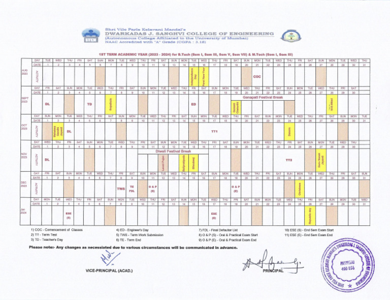 Academic Calendar - Odd Sem - 2023-24 - Sem I, III, V & VII | PDF