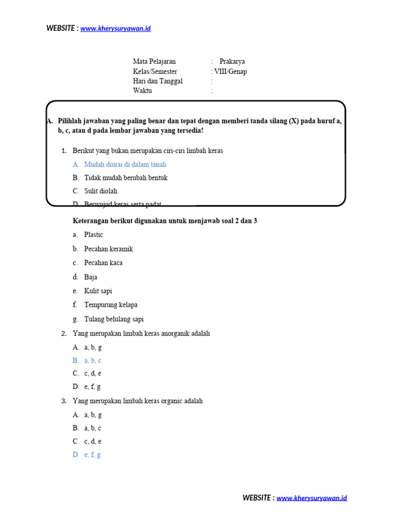 Soal PTS Prakarya Kelas 8 Genap - WEBSITE www.kherysuryawan.id | PDF