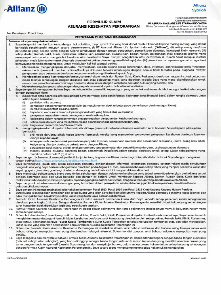 Form Klaim Asuransi Allianz Syariah 15des23 | PDF