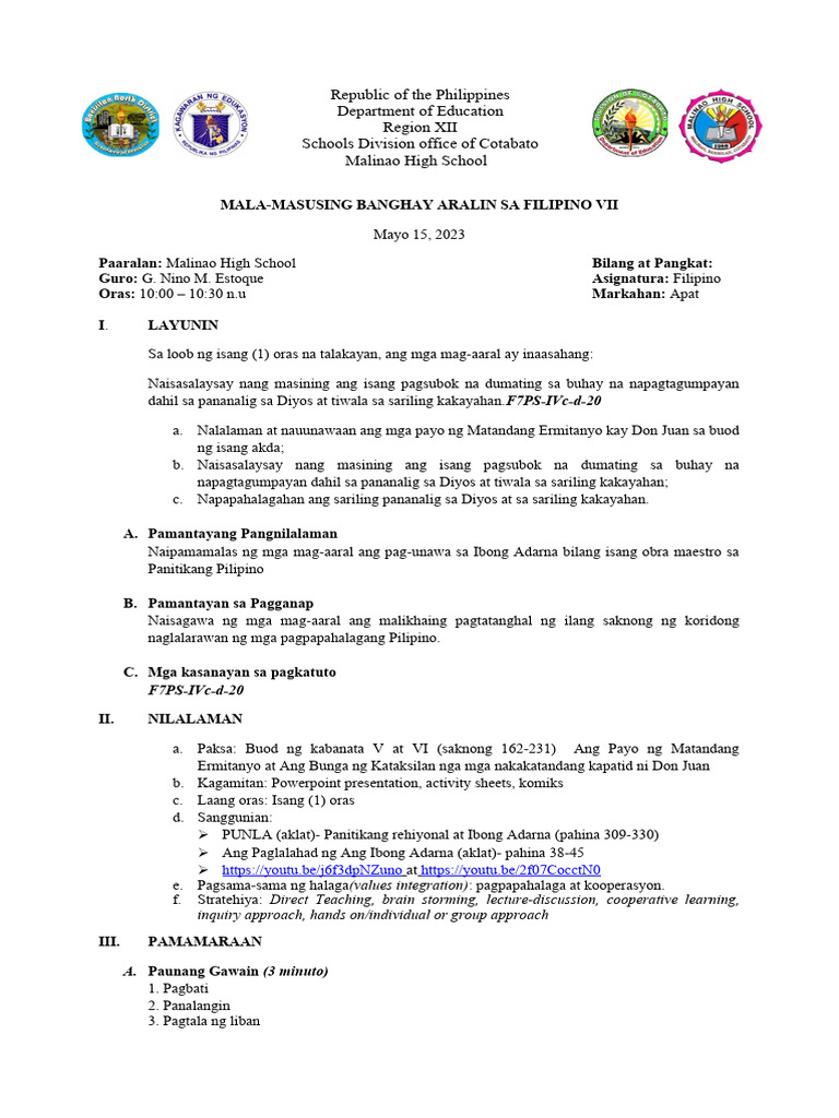 Demo Lesson Plan For Filipino Grade 10 | PDF