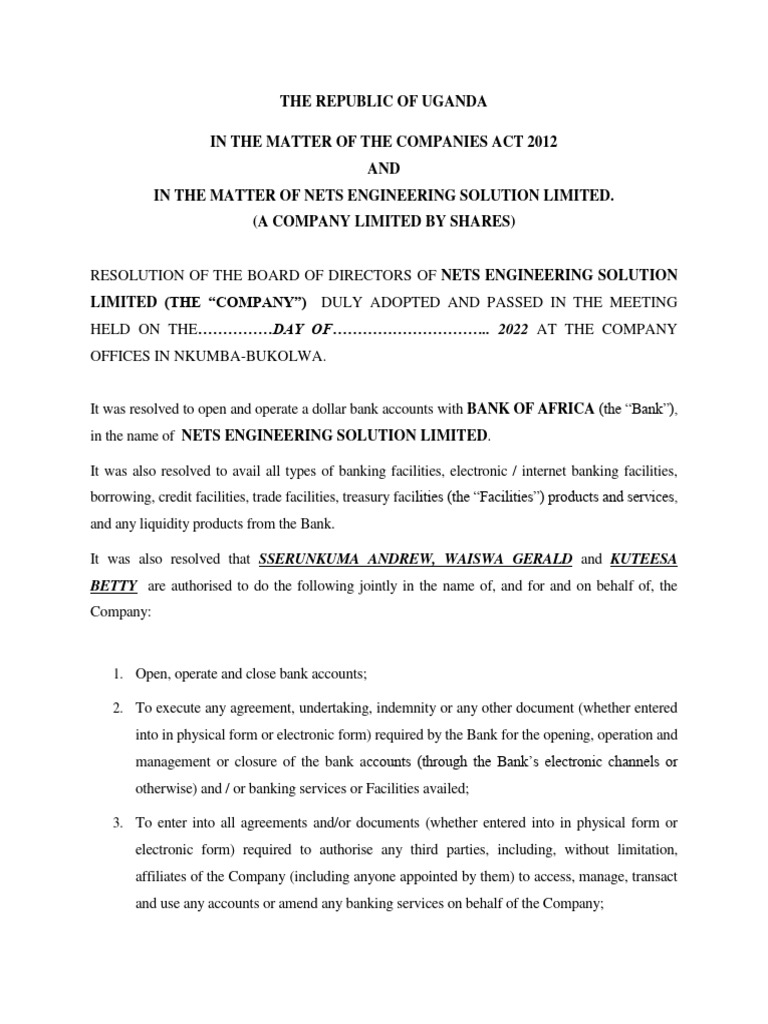 RESOLUTION TO OPEN BANK ACCOUNT. | PDF | Banks | Business