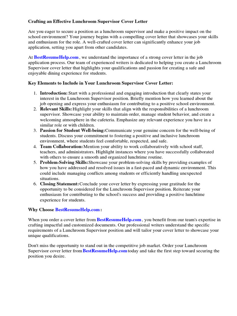 Lunchroom Supervisor Cover Letter | PDF | Résumé | Cafeteria