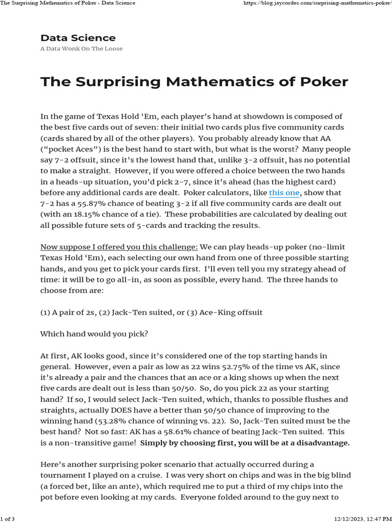 The Surprising Mathematics of Poker - Data Science | PDF | Texas Hold ...