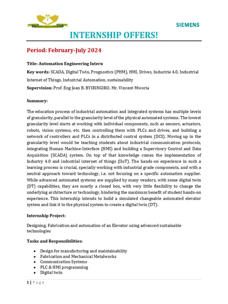 Advert Siemens Internship Information 2024 | PDF | Virtual Reality | Automation